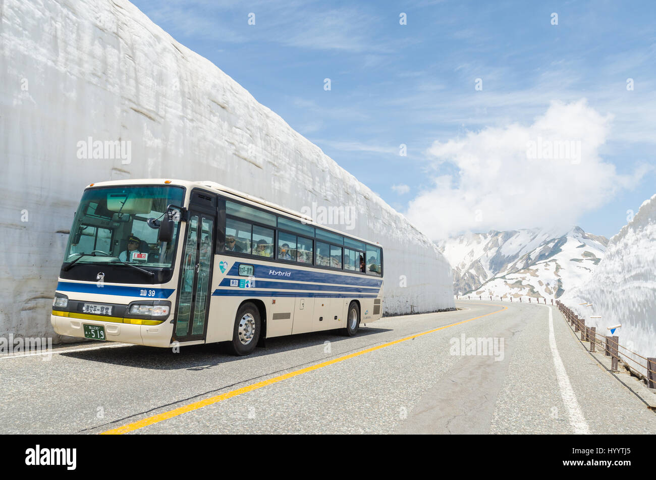 Toyama, Japan - May 20,2016: Tourists bus move along the japan alps ...