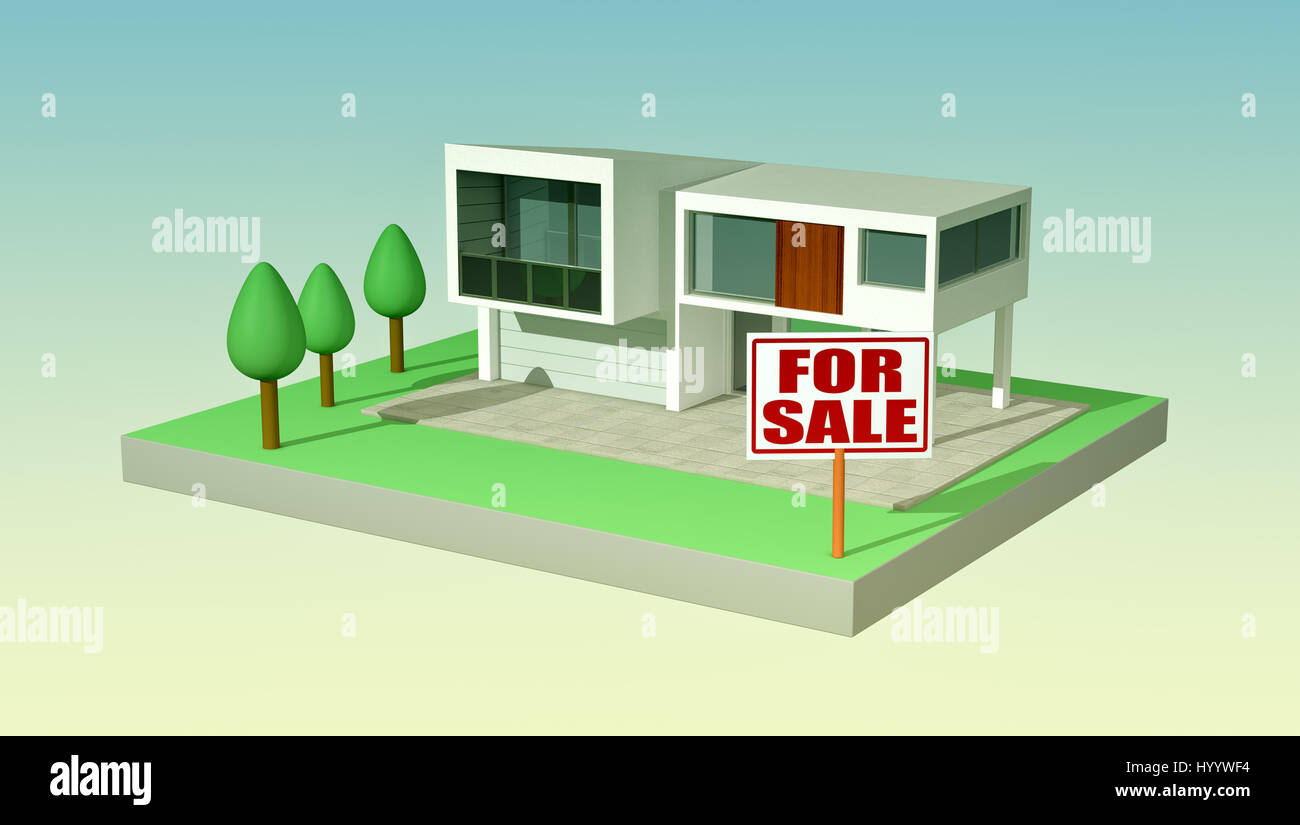 modern house with a garden and a signboard with text: for sale, sky ...