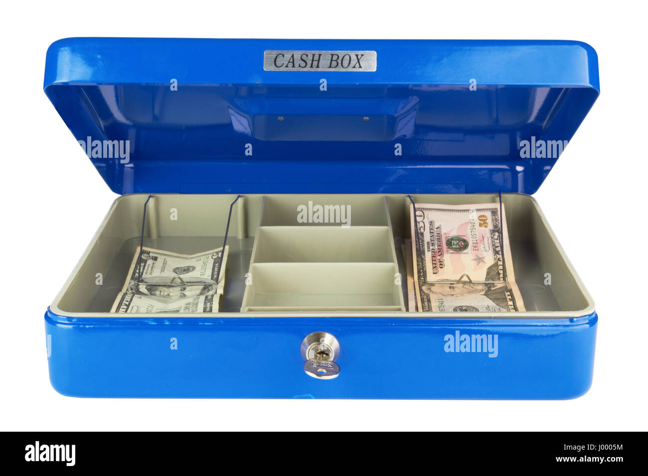 Dollars in blue cash box isolated on white Stock Photo - Alamy