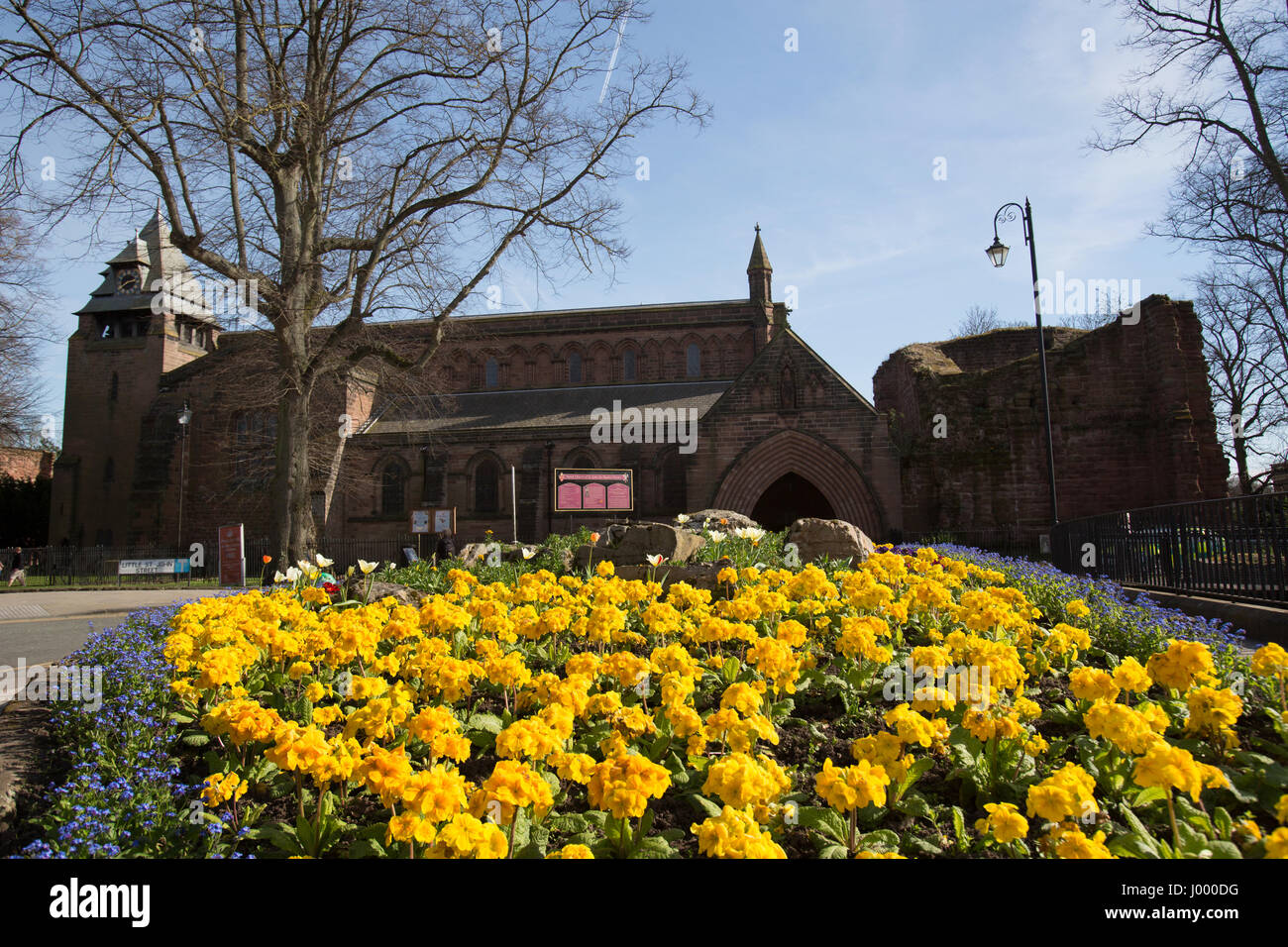 City of Chester, England. Picturesque spring view of a flower bed with ...