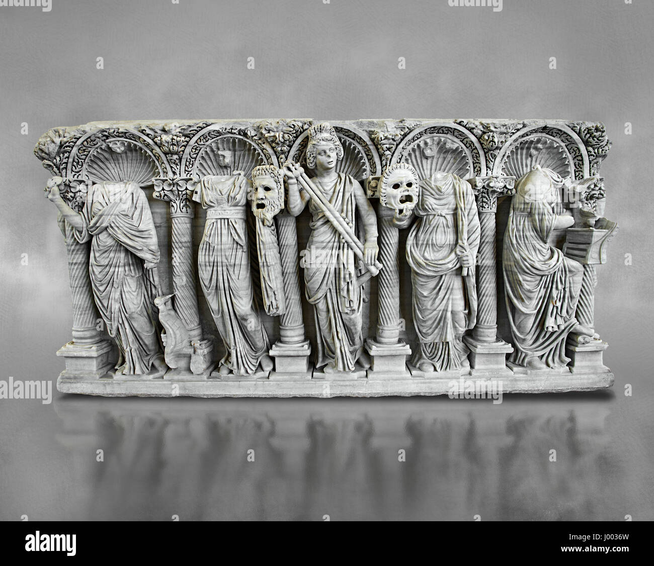 Roman relief sculpture on a sarcophagus side depiction the Muses, circa ...