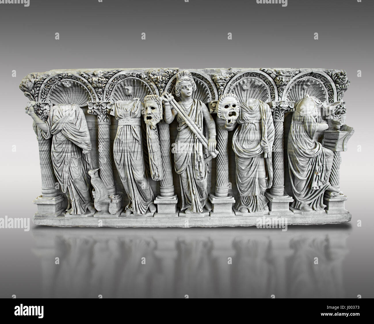 Roman relief sculpture on a sarcophagus side depiction the Muses, circa ...