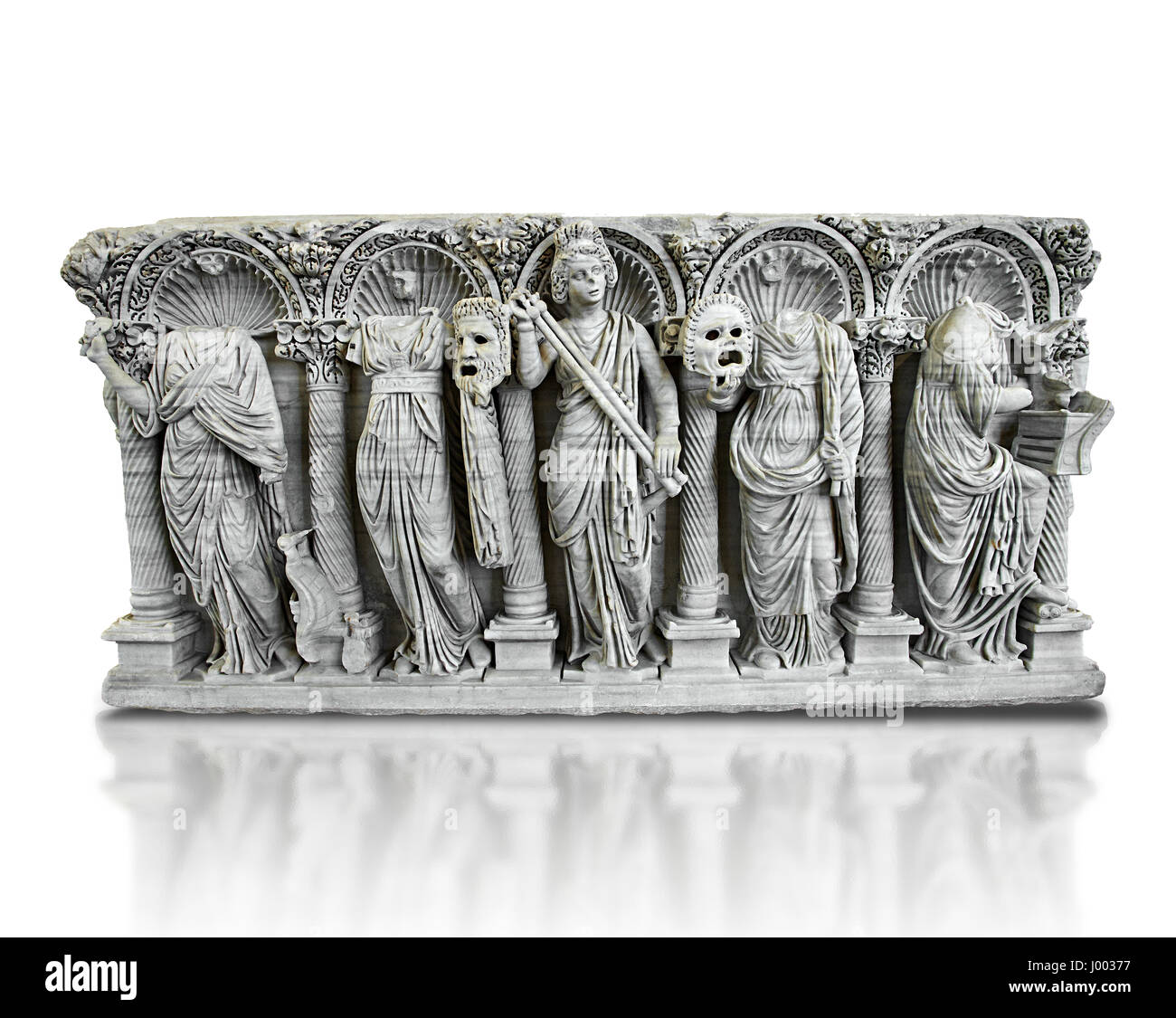 Roman relief sculpture on a sarcophagus side depiction the Muses, circa ...