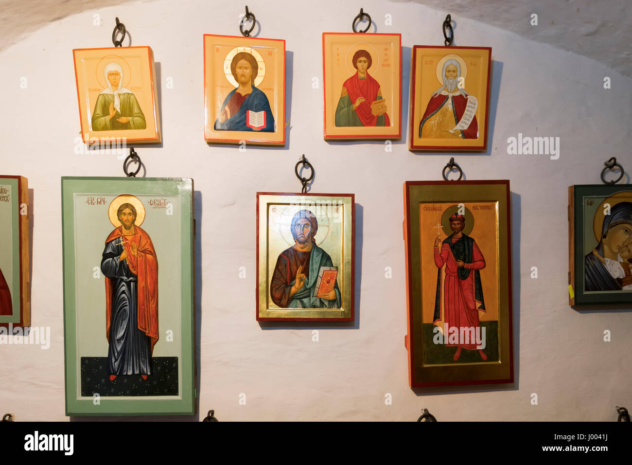 Pskov, Russia- June 6, 2016: Ancient Russian Orthodox Icons displayed ...