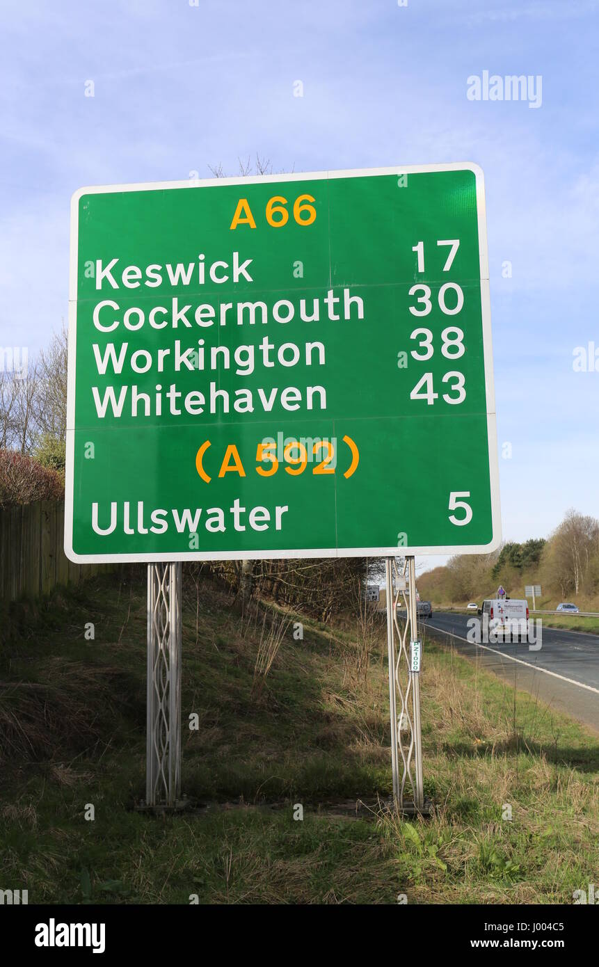 Mileage sign on A66 near Penrith Cumbria UK April 2017 Stock Photo - Alamy