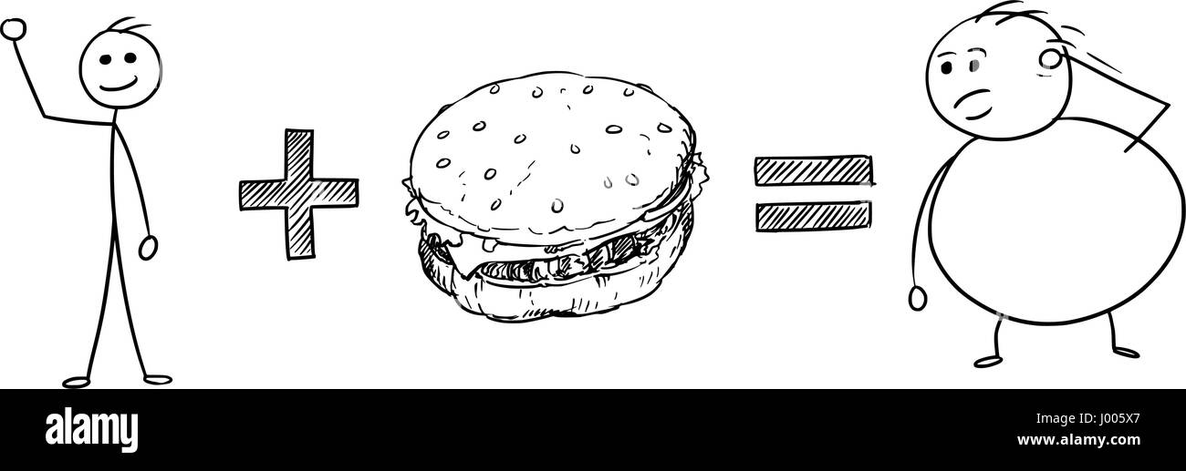 Cartoon vector stickman calculation of slim male character plus burger ...