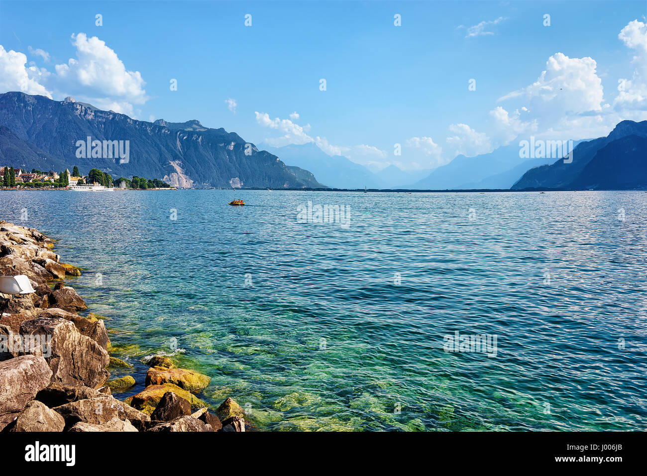 Riviera with Alps mountains and Geneva Lake in Vevey, Vaud canton ...