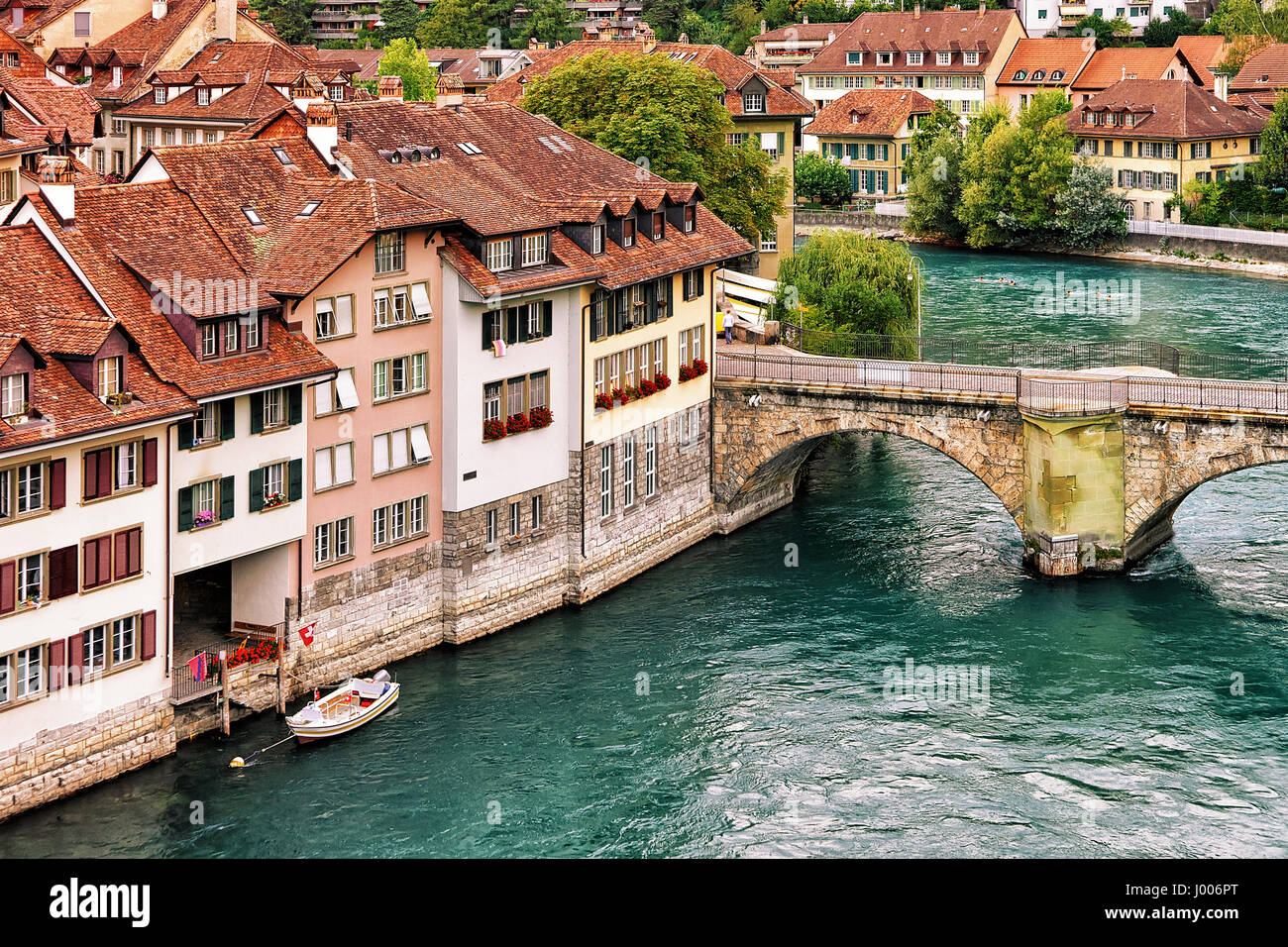 Unterbrucke bridge over Aare River and rooftops in Bern, Switzerland ...
