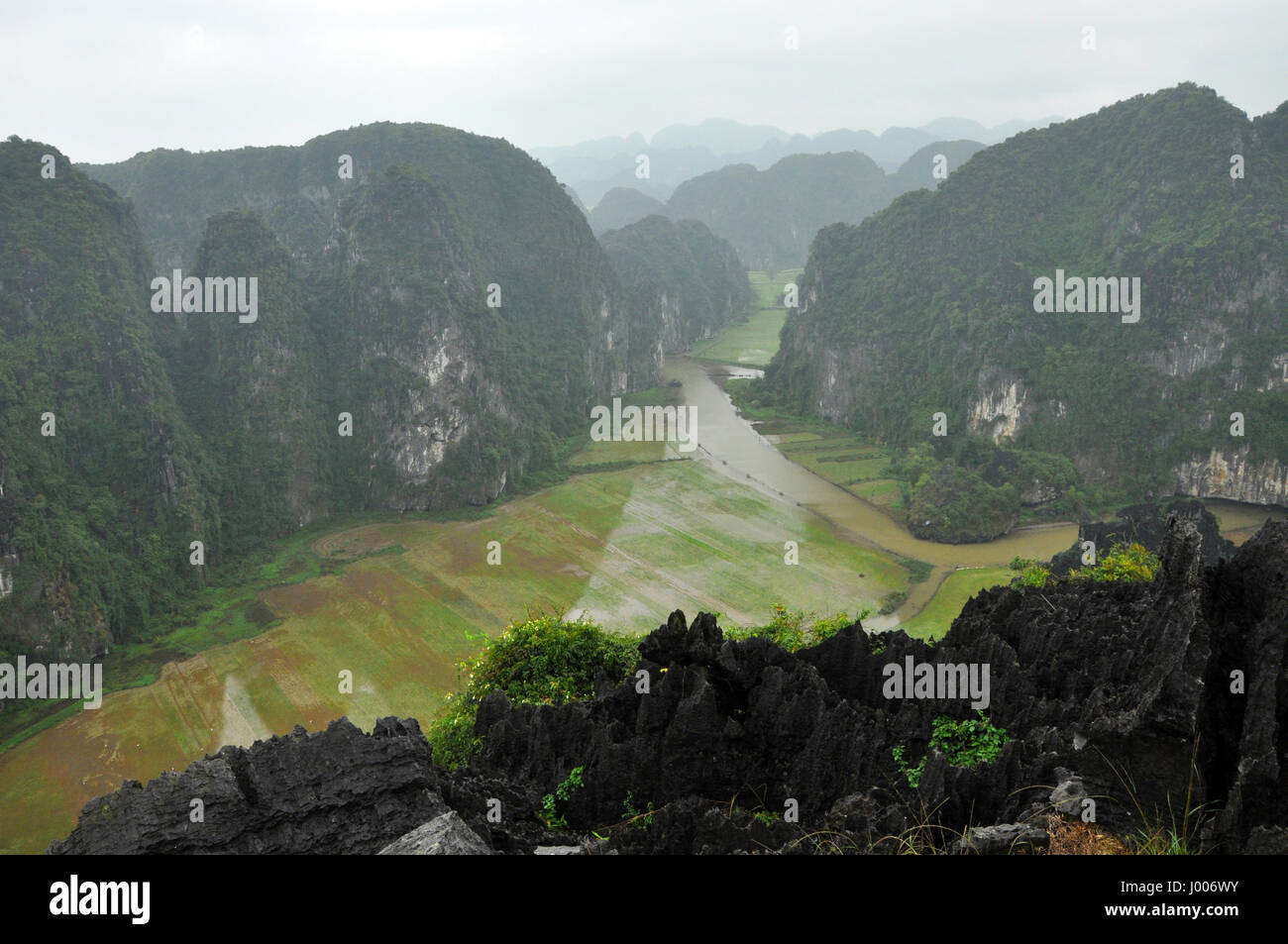 Panorama view of rice fields and limestone rocks from Hang Mua Temple ...