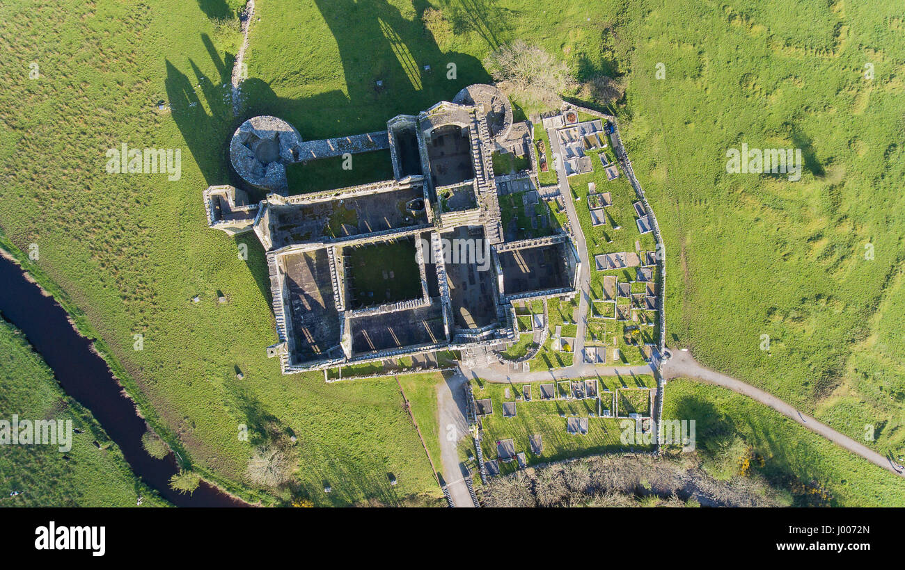 Aerial view of an Irish public free tourist landmark, Quin Abbey ...