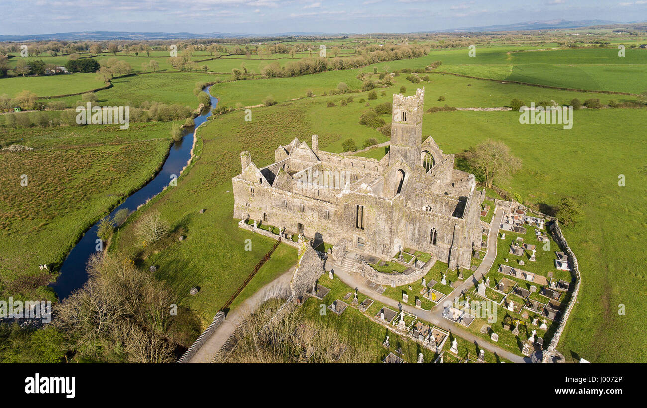 Aerial view of an Irish public free tourist landmark, Quin Abbey ...