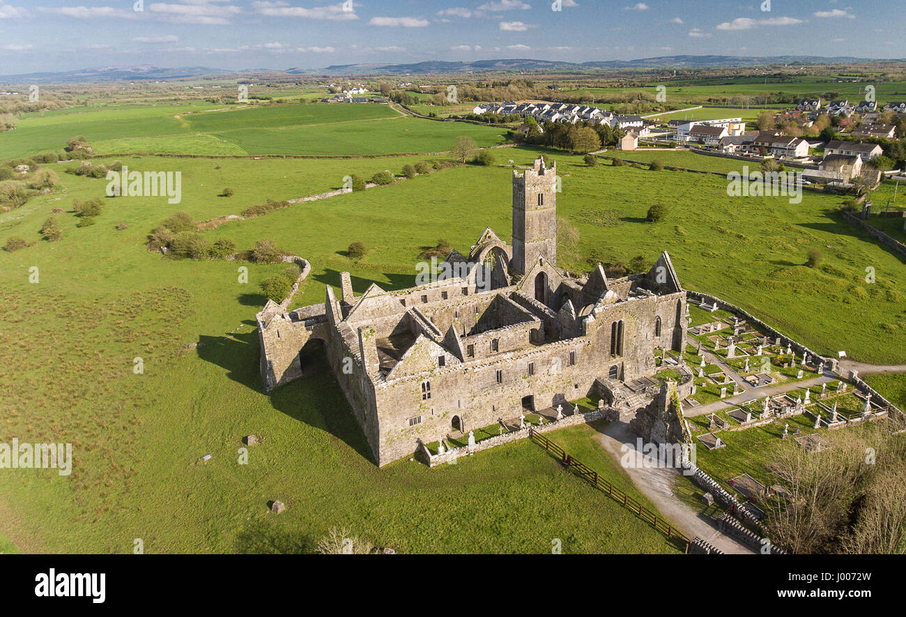 Aerial view of an Irish public free tourist landmark, Quin Abbey ...