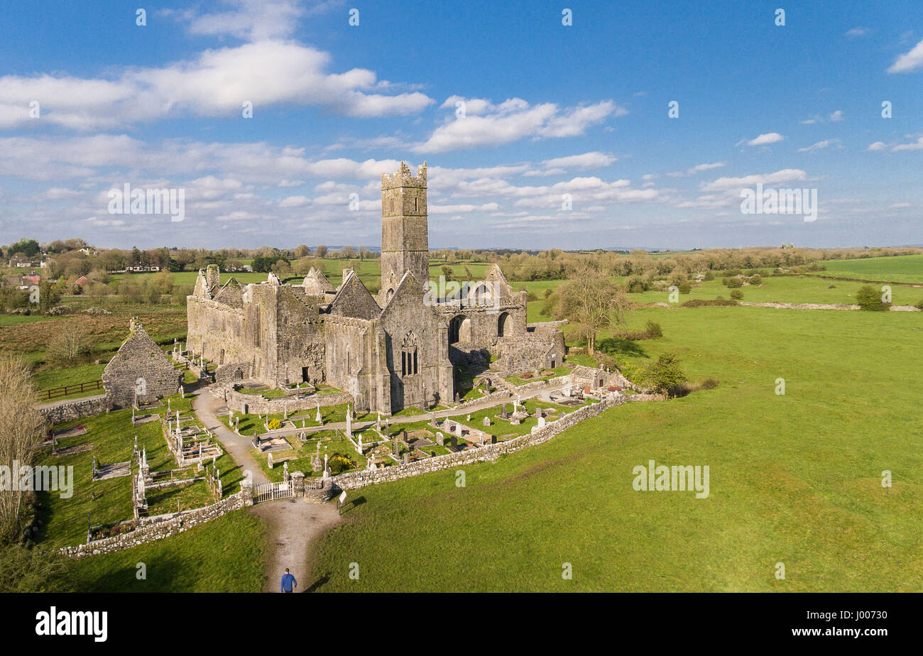 Aerial view of an Irish public free tourist landmark, Quin Abbey ...