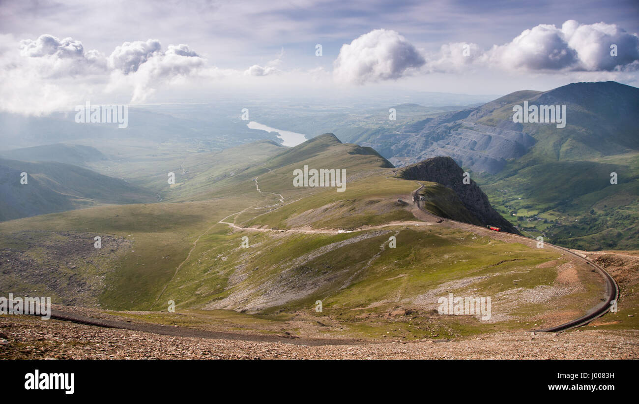 The view north from Snowdon mountain to Llanberis village and lake ...