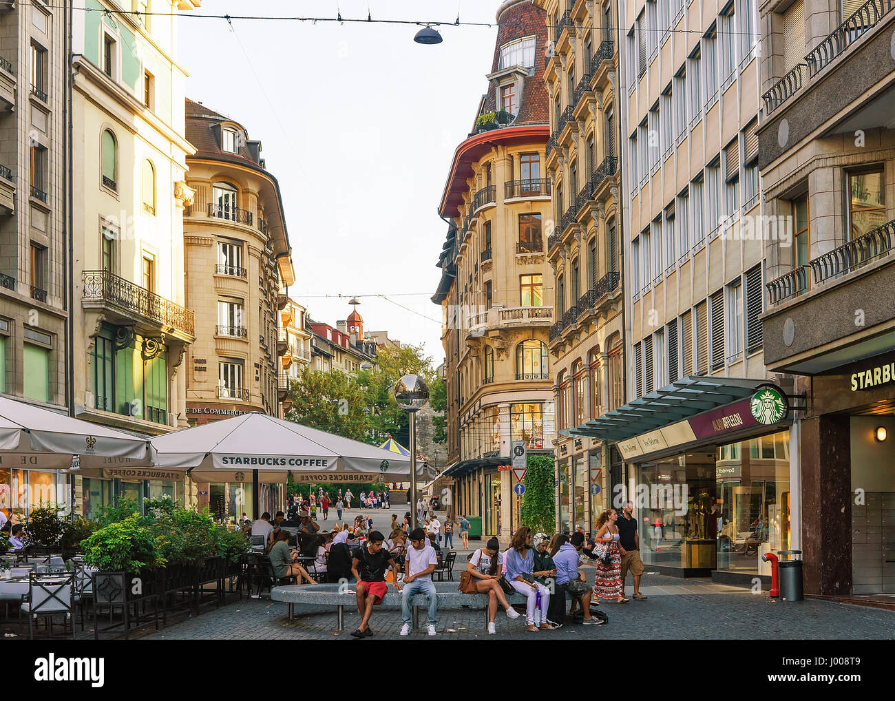 Geneva, Switzerland - August 30, 2016: People at Place Longemalle ...