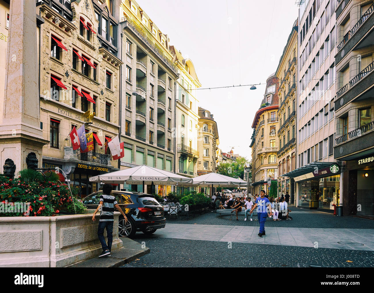 Geneva, Switzerland - August 30, 2016: People at Place Longemalle ...