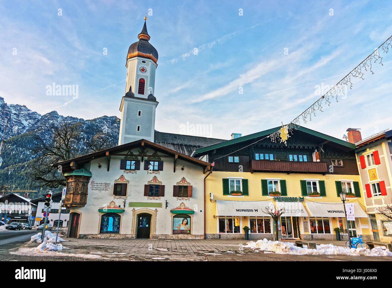 Garmisch-Partenkirchen, Germany - January 6, 2015: Spire of St Martin ...