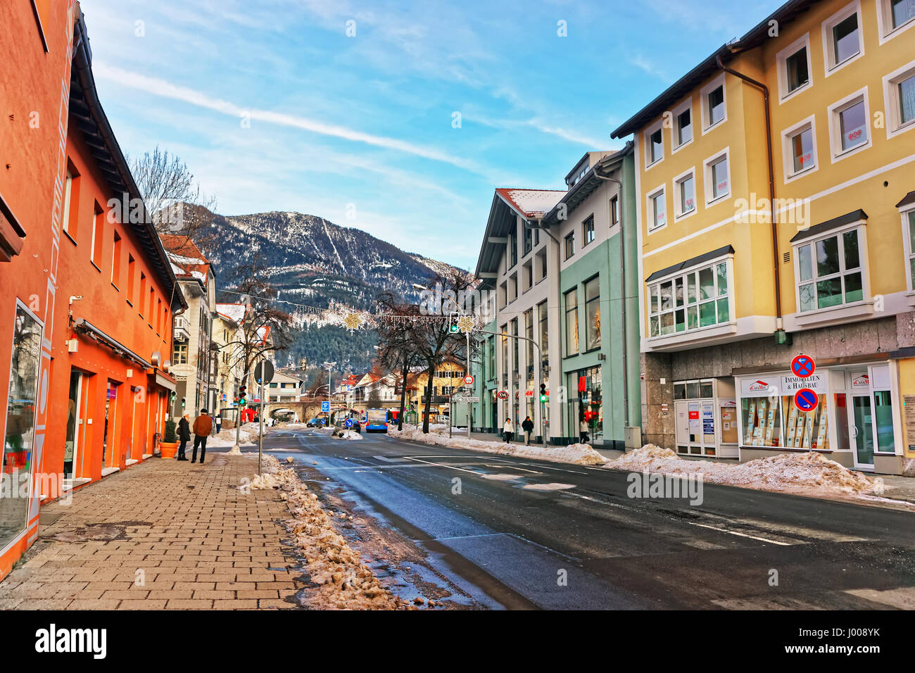 Garmisch-Partenkirchen, Germany - January 6, 2015: Street with houses ...