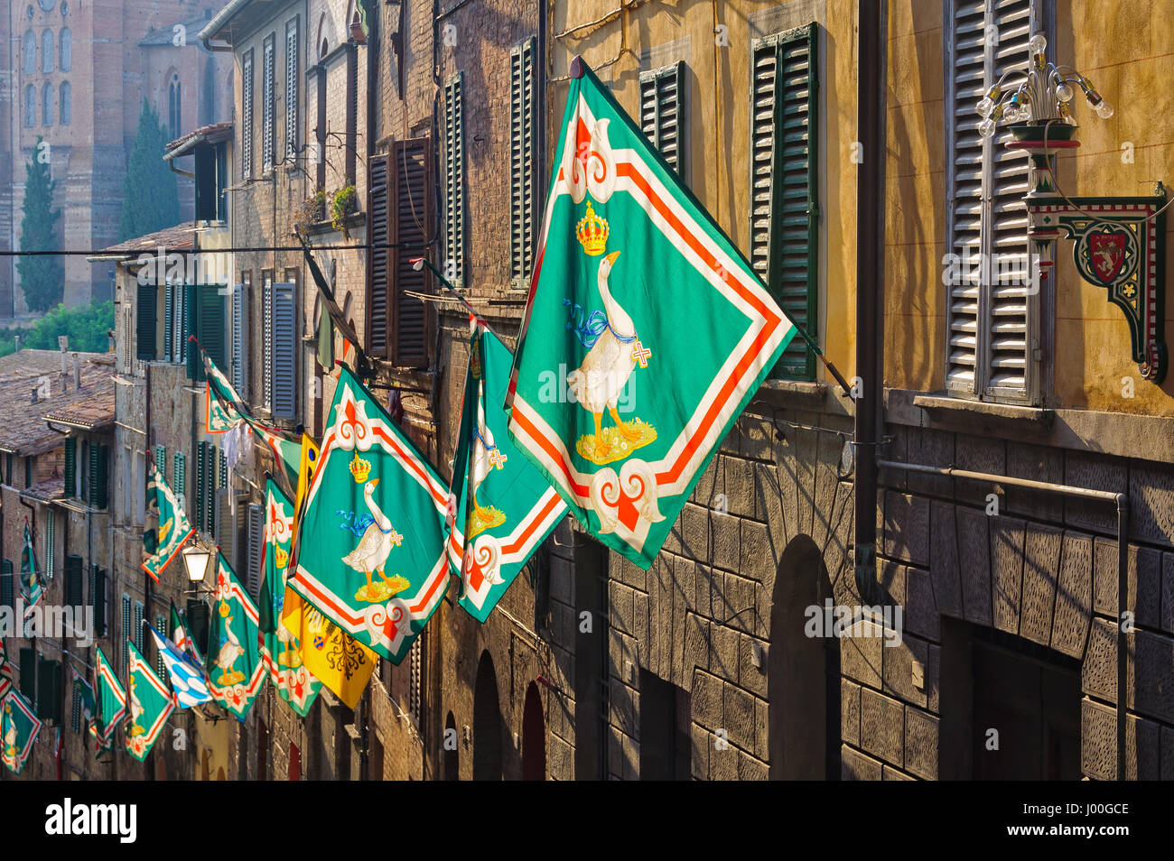 Contrada dell'Oca flags with a crowned goose wearing a blue ribbon ...