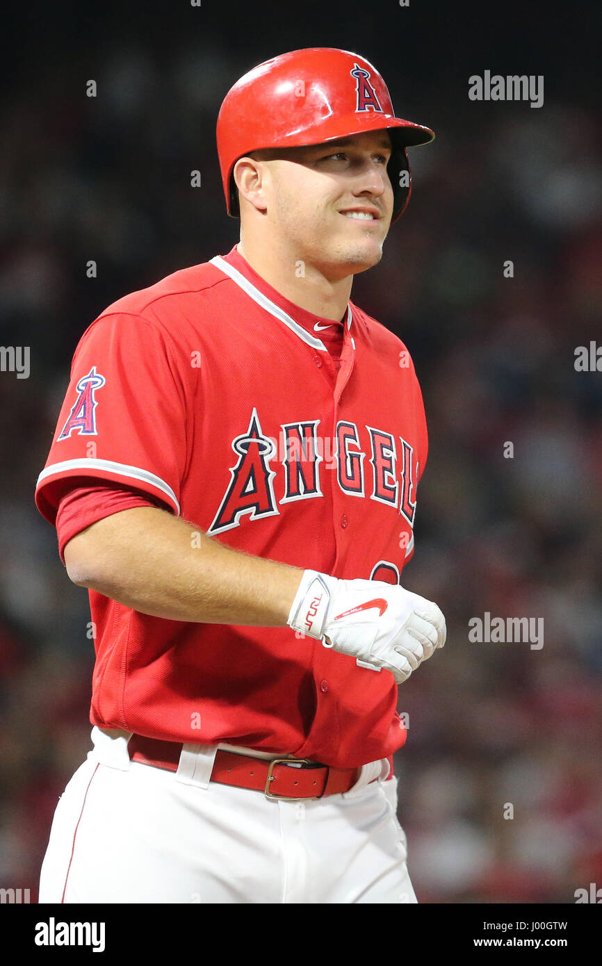 April 7, 2017: Los Angeles Angels center fielder Mike Trout #27 smiles ...