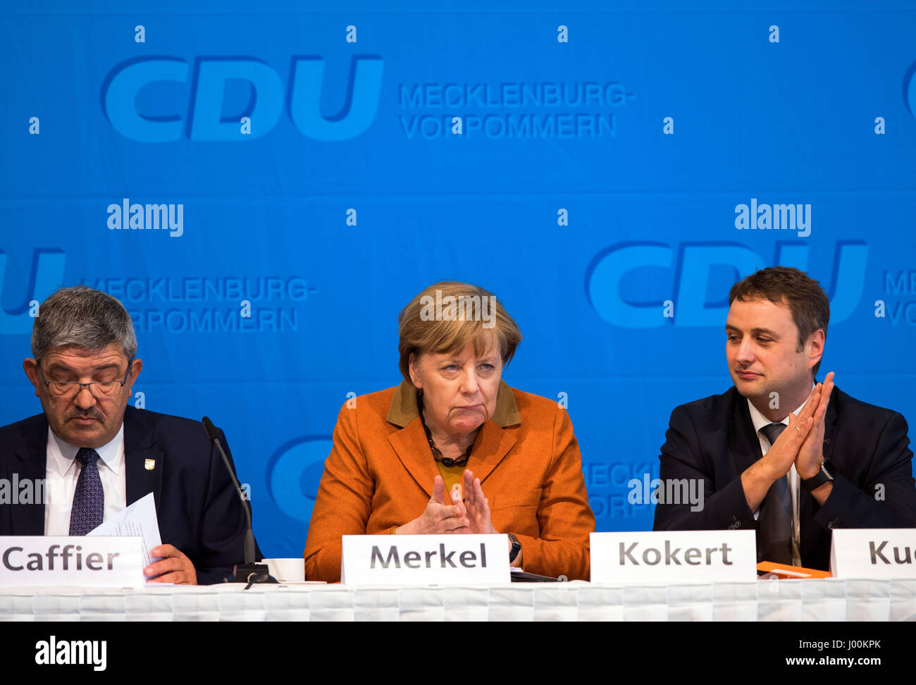 Grimmen, Germany. 08th Apr, 2017. German Chancellor Angela Merkel (C ...