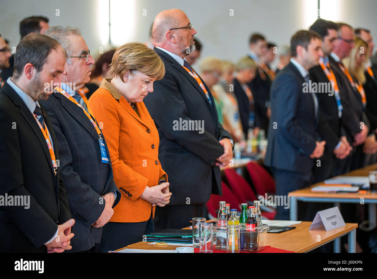Grimmen, Germany. 08th Apr, 2017. German Chancellor Angela Merkel (3-L ...
