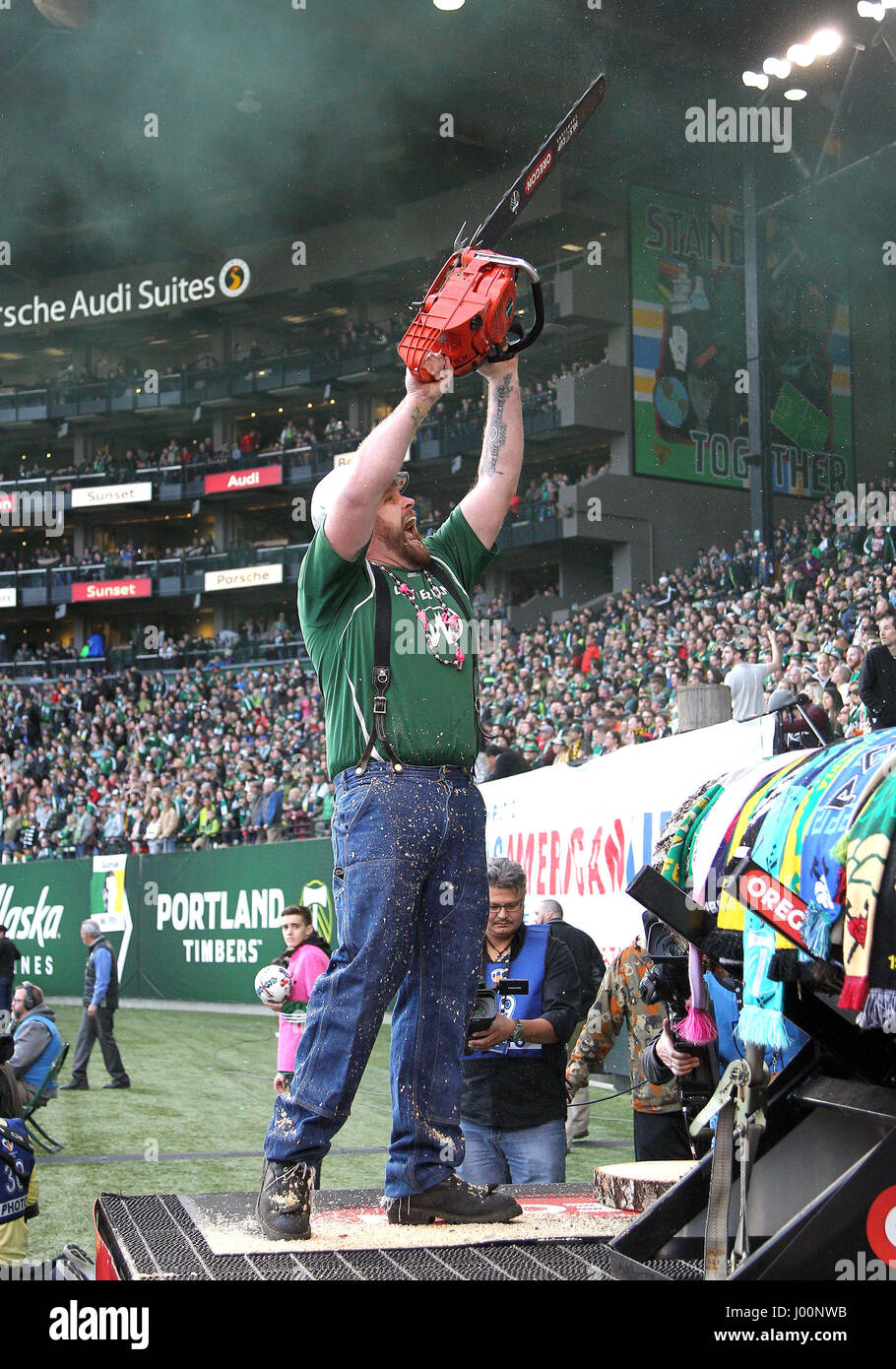 April 02, 2017. Portland Timbers mascot Timber Joey cuts a slice of the ...