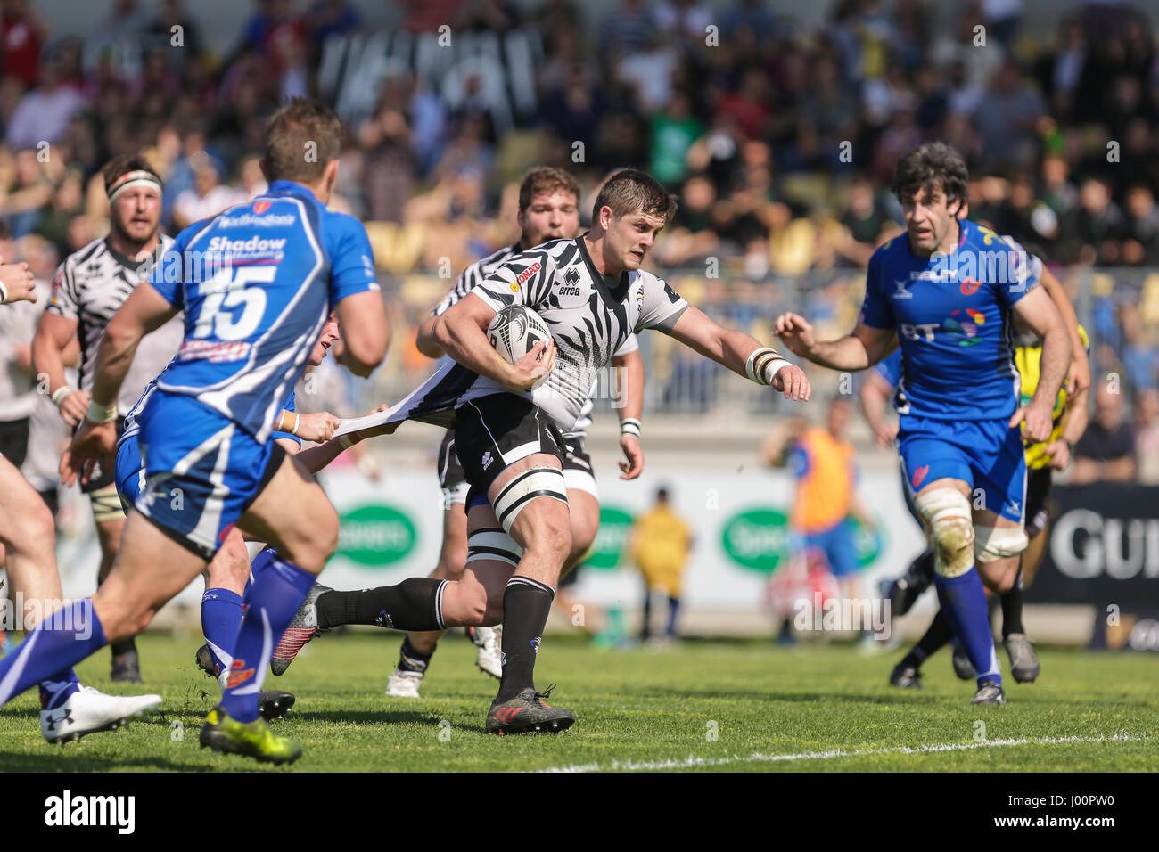 Parma,Italy.08th April, 2017. Zebre's flanker Johan Meyer carries the ...