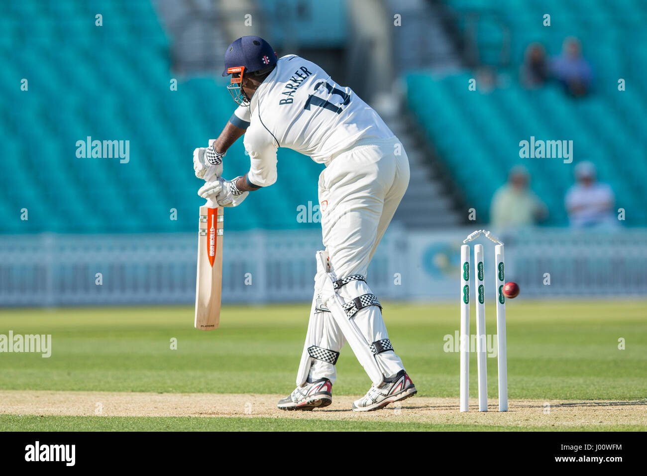 London, UK. 8 April, 2017. Mark Footitt celebrates after bowling Keith ...