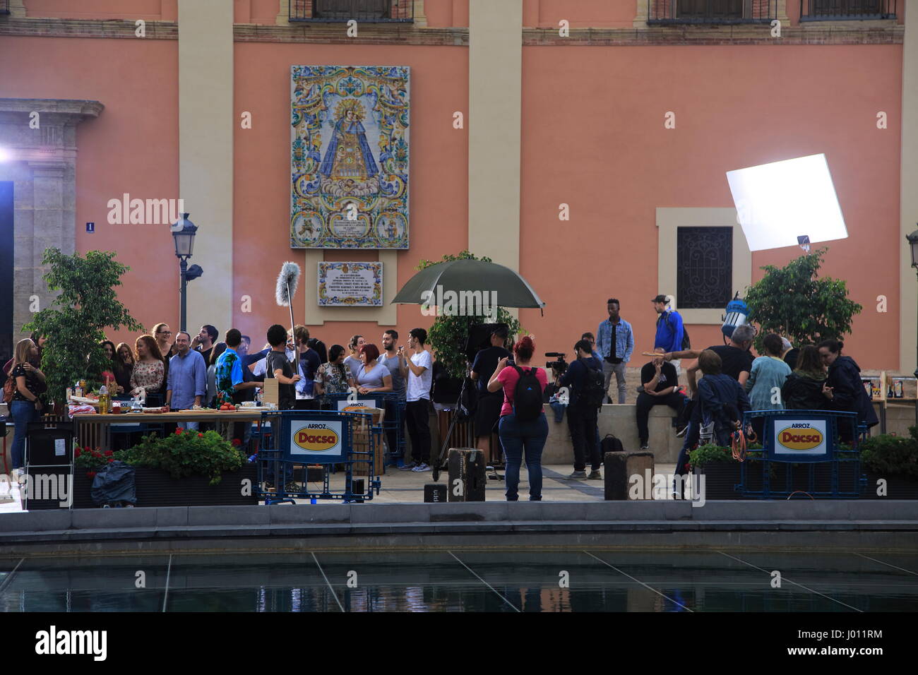 TV production crew filming programme on location, city of Valencia ...