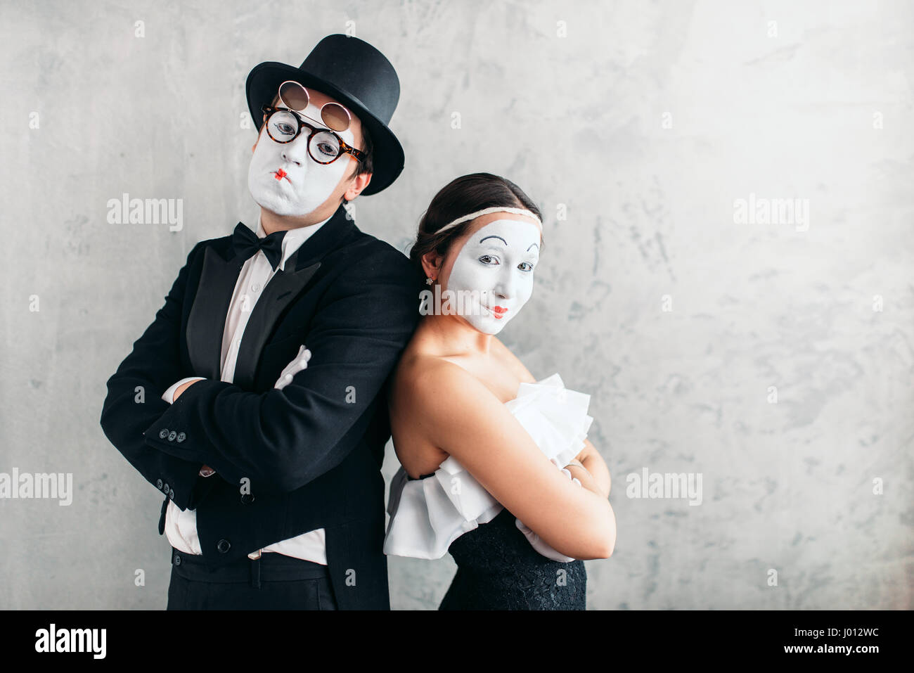 Two mime actors performing in studio. Pantomime theater artists with ...