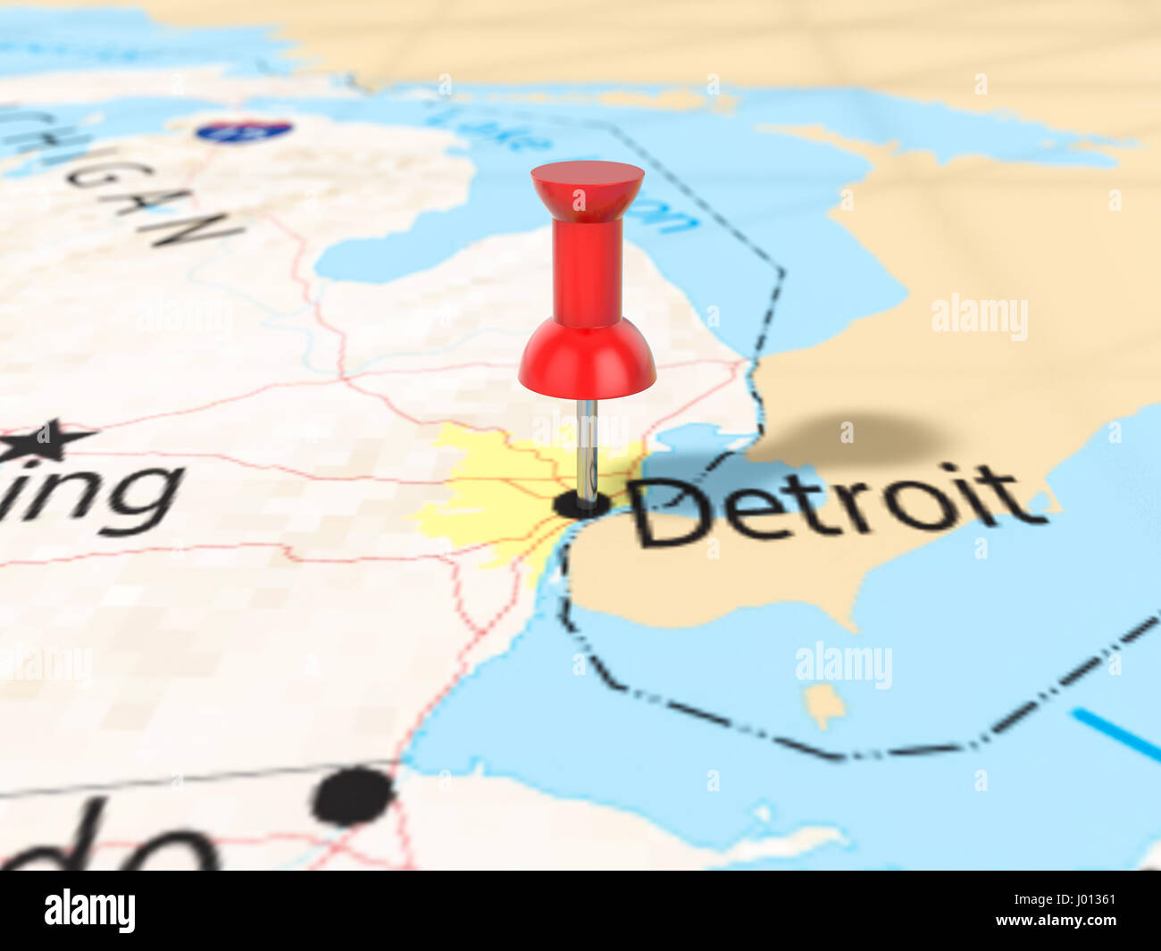 Pushpin on Detroit map background. 3d illustration Stock Photo - Alamy