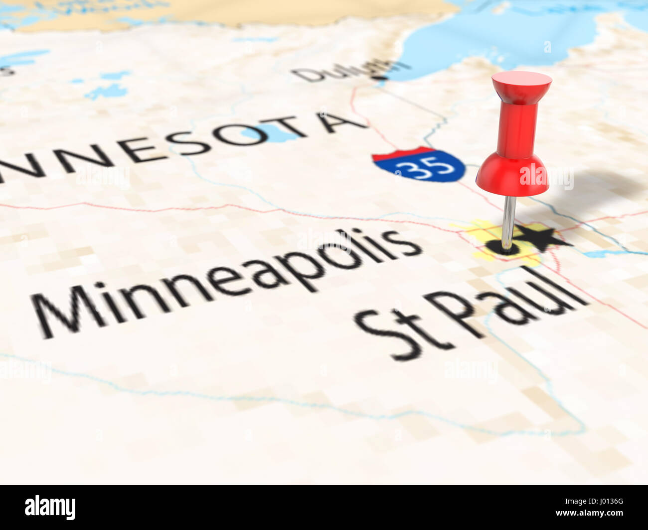 Pushpin on Minneapolis map background. 3d illustration Stock Photo - Alamy
