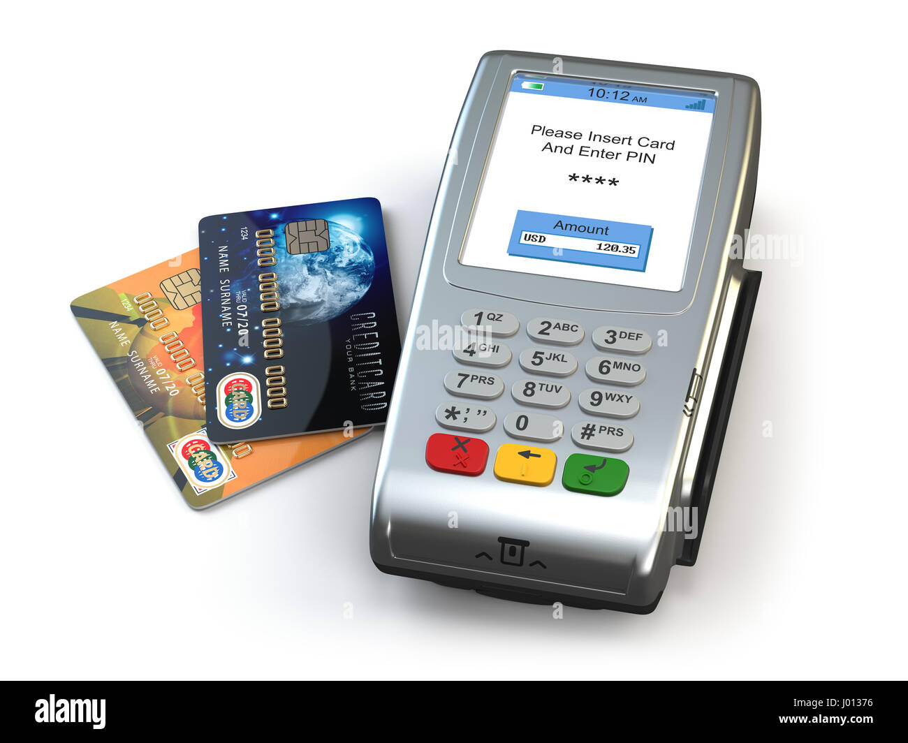 POS terminal with credit cards isolated on white background. 3d ...