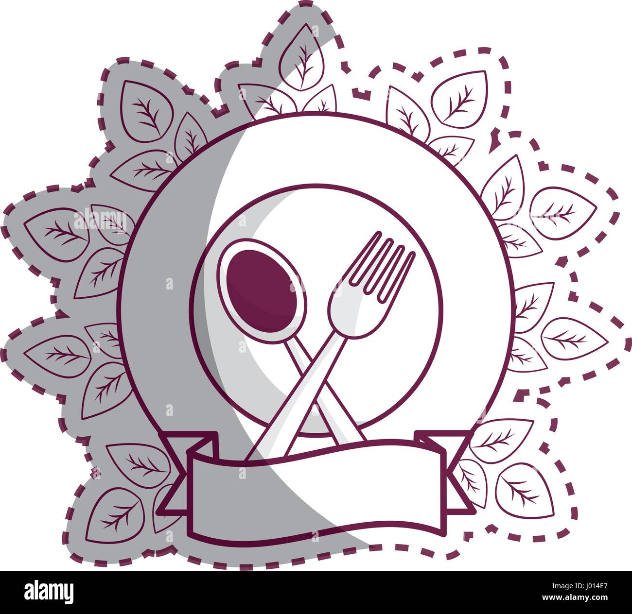 sticker spoon, fork and plate with leaves and ribbon Stock Vector Image ...