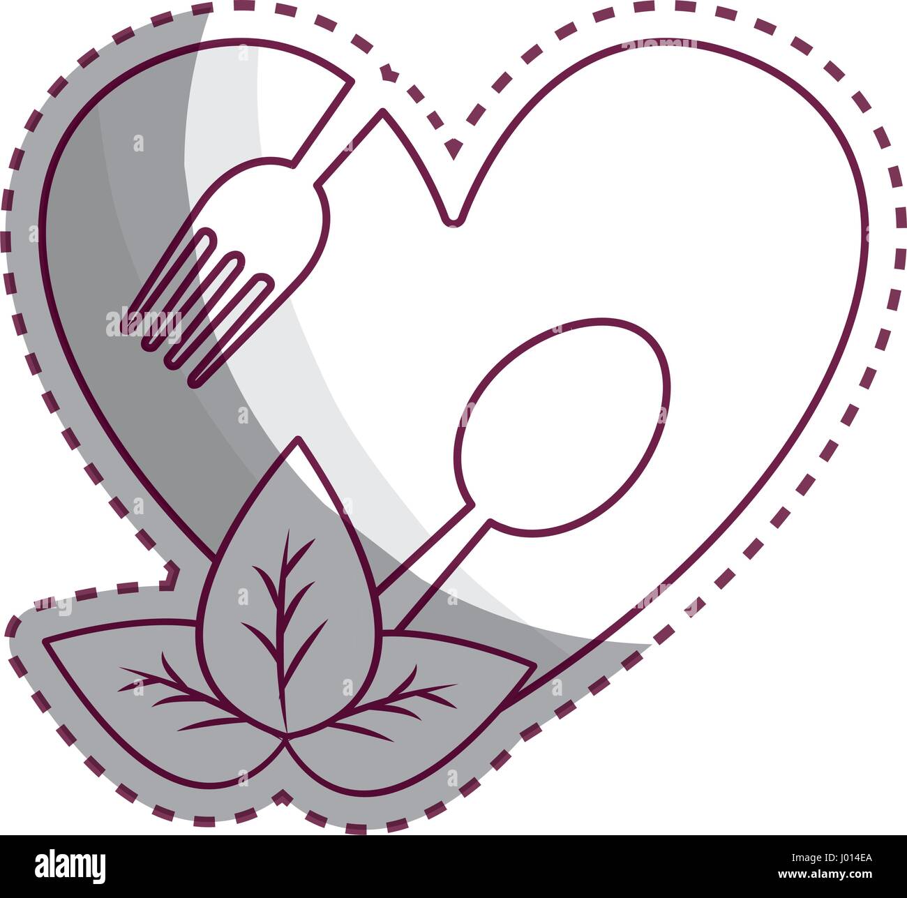sticker heart with spoon and fork inside with leaves Stock Vector Image ...