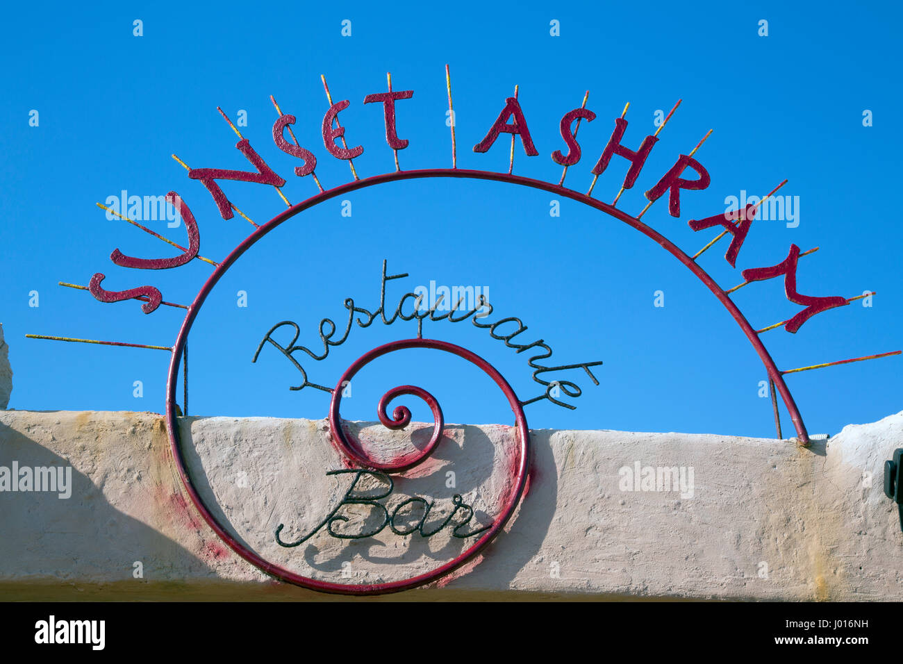 Sunset Ashram Restaurant and Bar Sign; Comte Beach; Ibiza; Spain Stock ...