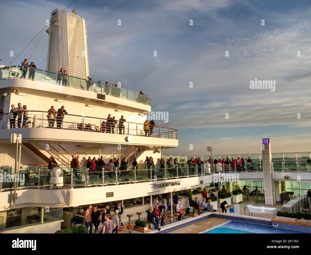 LA CORUNA, SPAIN - MARCH 27 2017: Passengers enjoy at upper deck of The ...