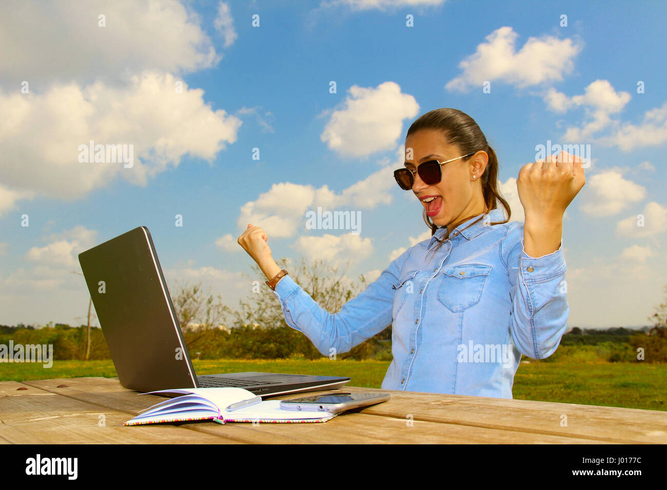 a happy women with leptop. make a great deal sitting in the garden ...
