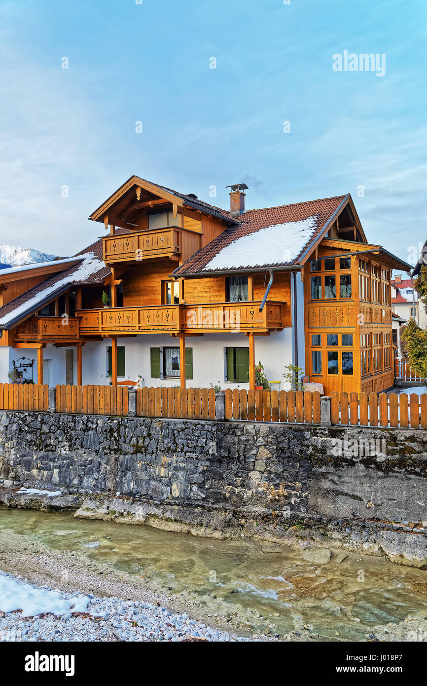 Alps, Partnach River and wooden Chalet in Bavarian style in Garmisch ...