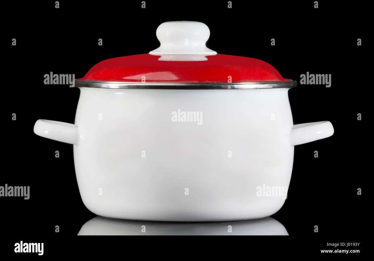 White saucepan with reflection, isolated on black background Stock ...