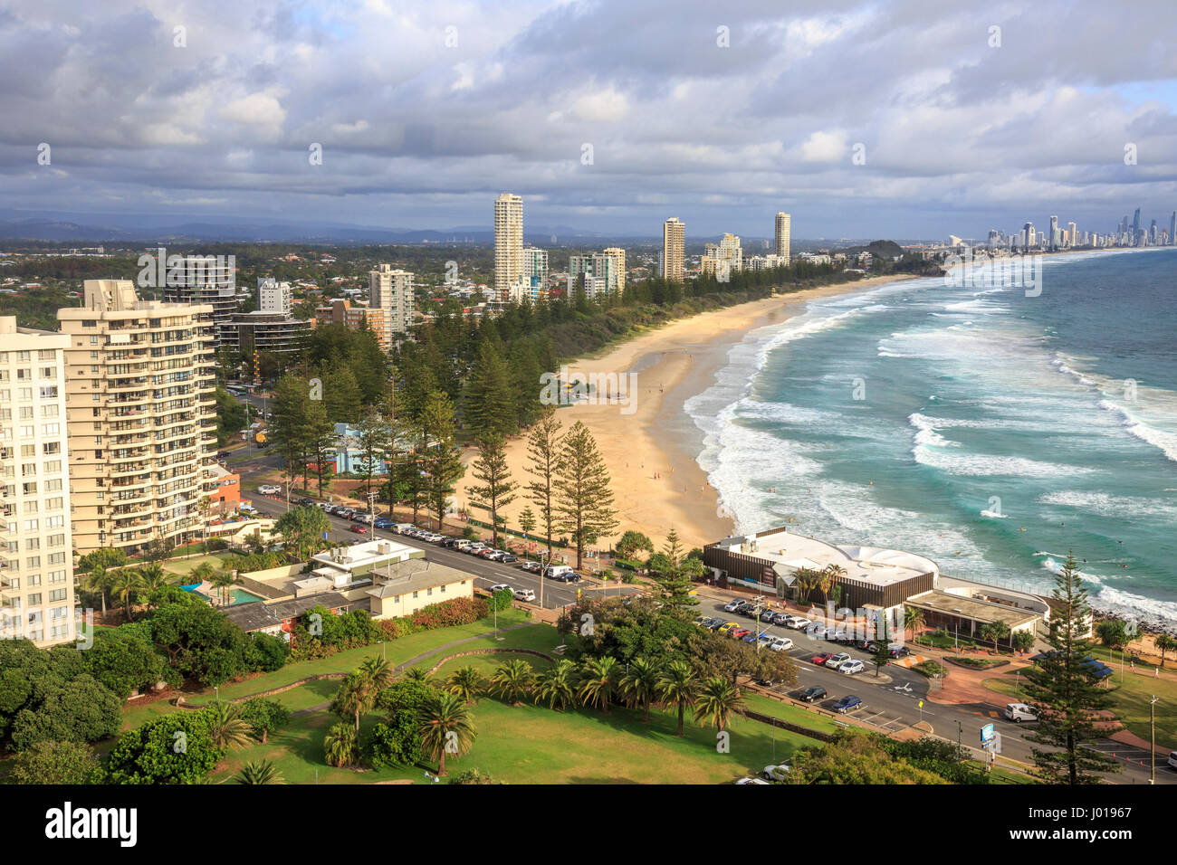 Aerial view of Burleigh Heads beach and Surfers Paradise beach on the ...