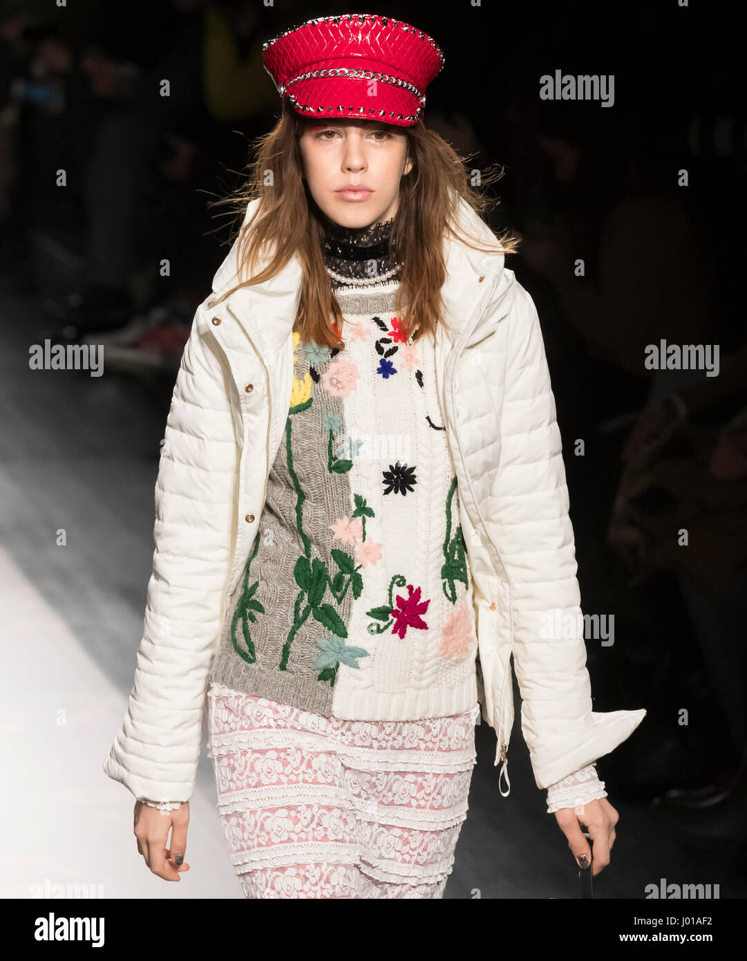 NEW YORK, NY - FEBRUARY 09, 2017: Mayka Merino walks the runway at the ...