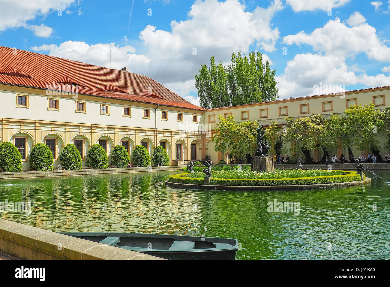 A pond in the Wallenstein Garden in Prague with a marble fountain with ...