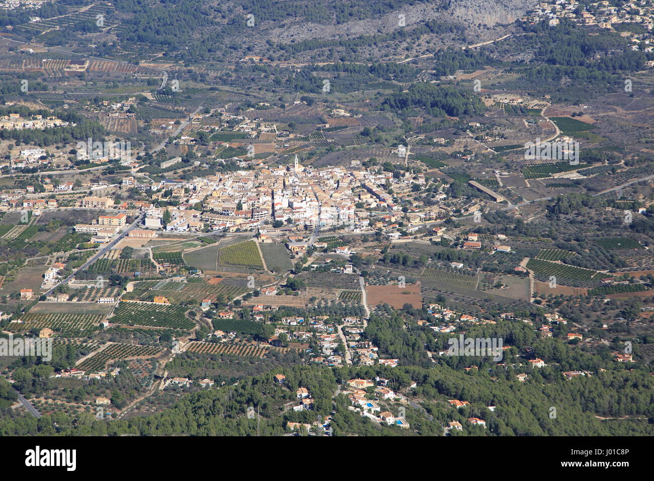 Raised view over Parcent village and Pop Valley, La Marina Alta ...