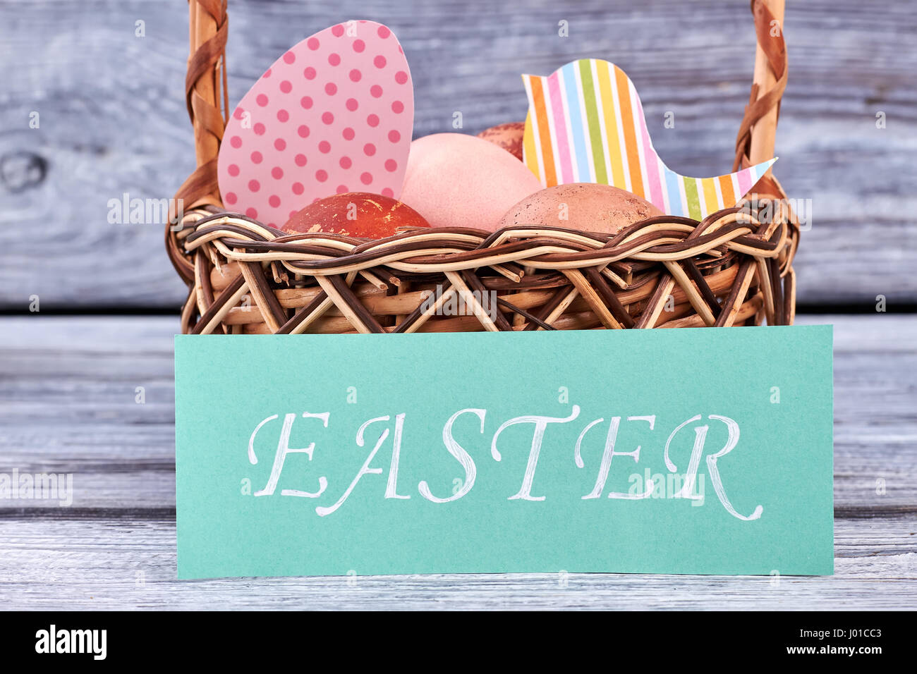 Turquoise Easter card and basket. Greeting card on gray wood Stock ...