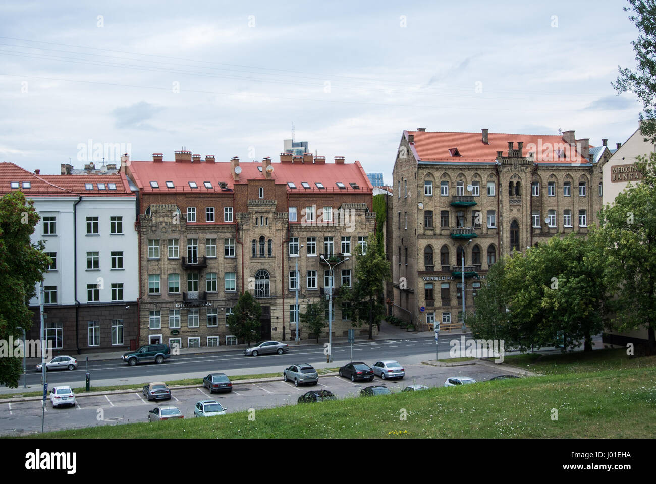 VILNIUS, LITHUANIA - JULY 12, 2015: Houses and parking at Vilnius ...