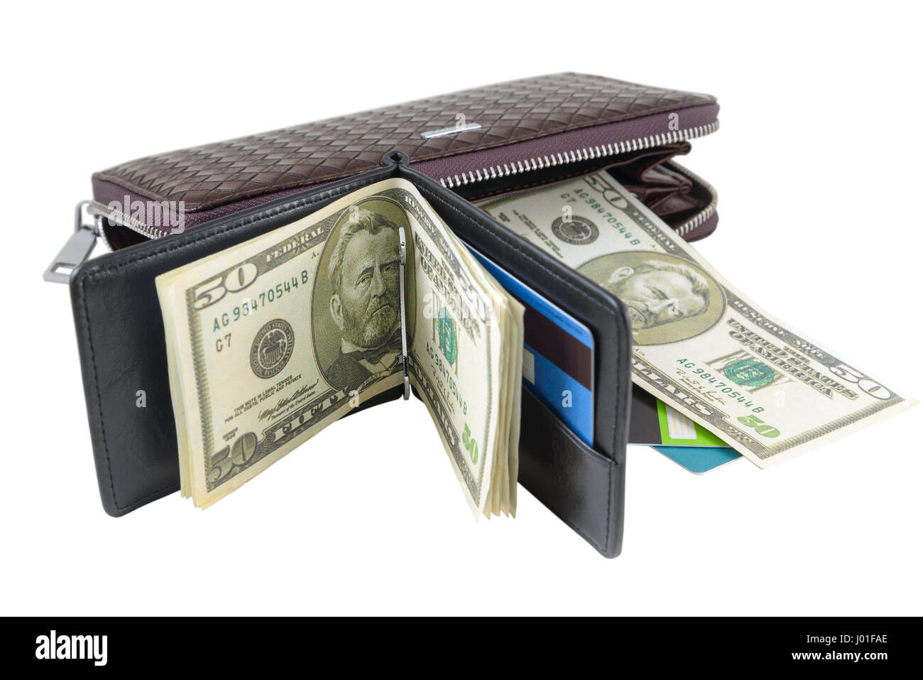 Wallet with dollars and card is photographed close-up Stock Photo - Alamy
