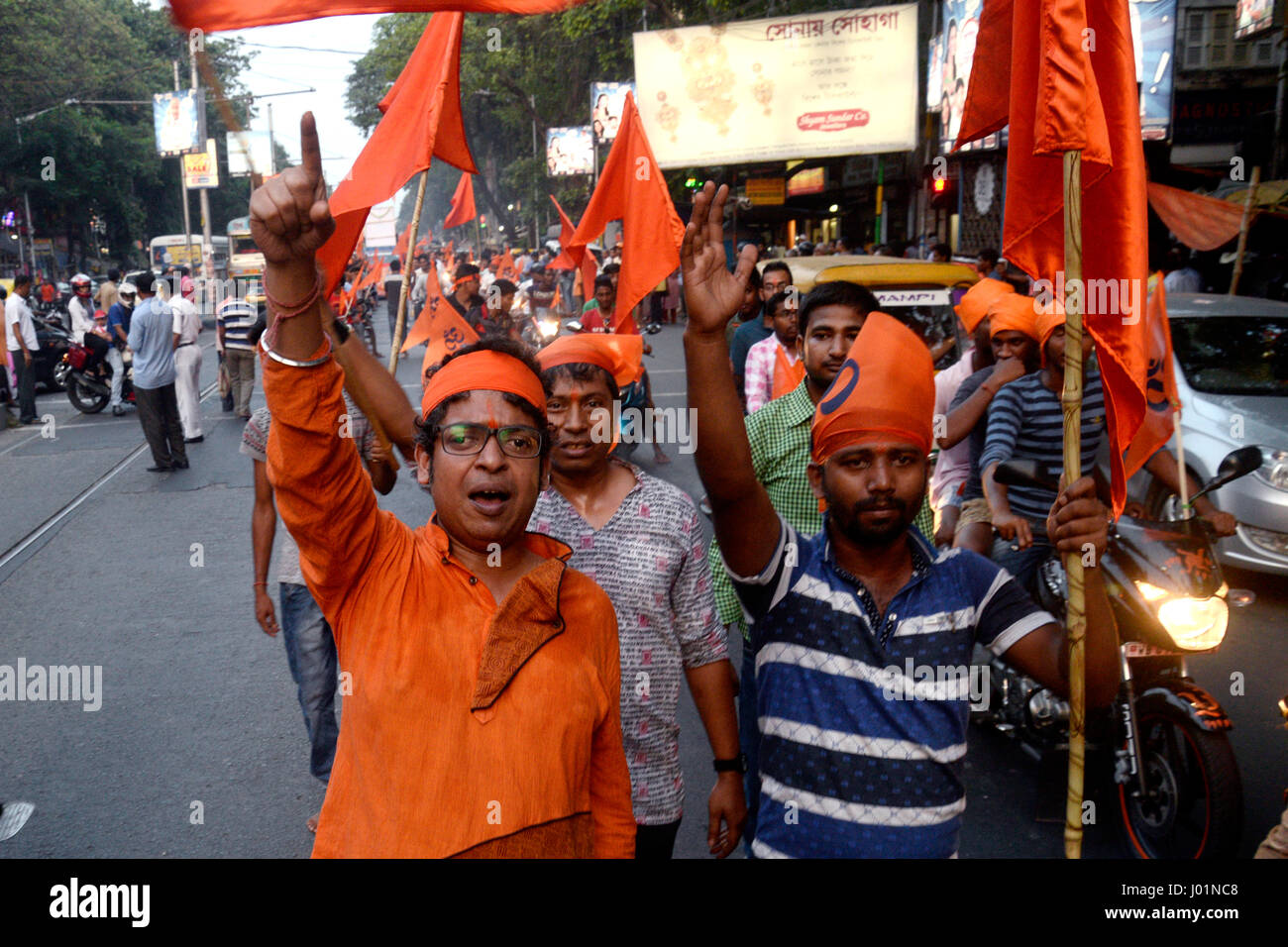 Kolkata, India. 08th Apr, 2017. Hindu devotees rallued with saffron ...