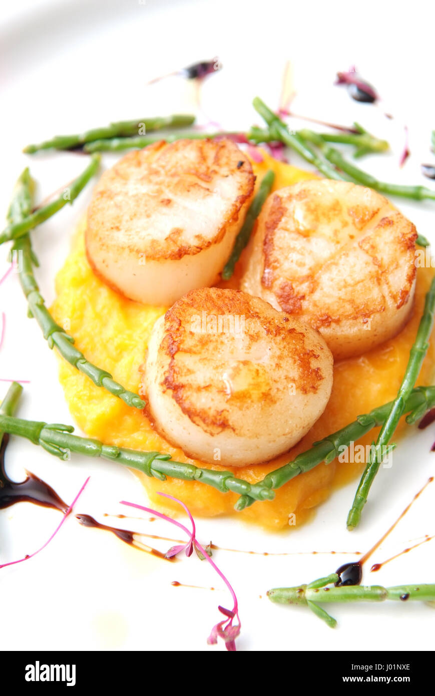 Scallops, creatively arranged food on a white restaurant plate Stock ...